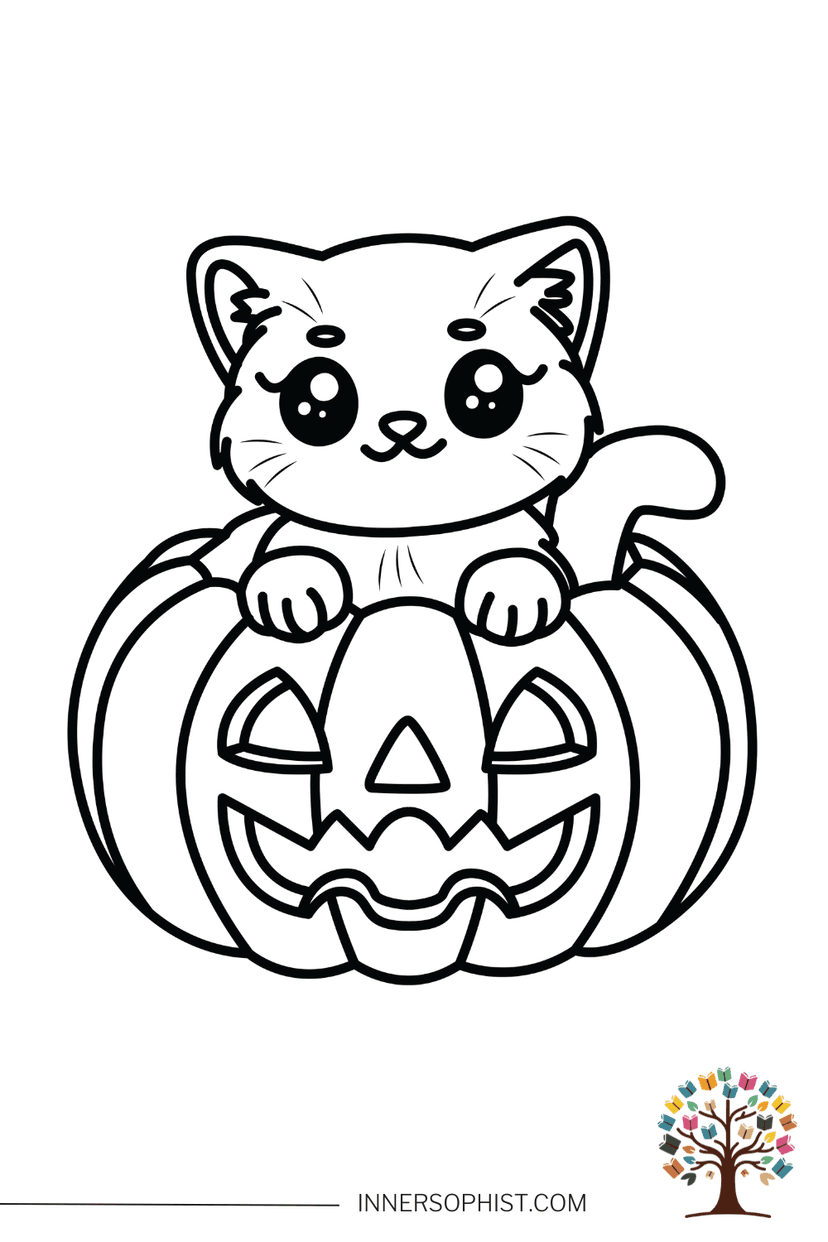 Cat in Pumpkin Coloring Page
