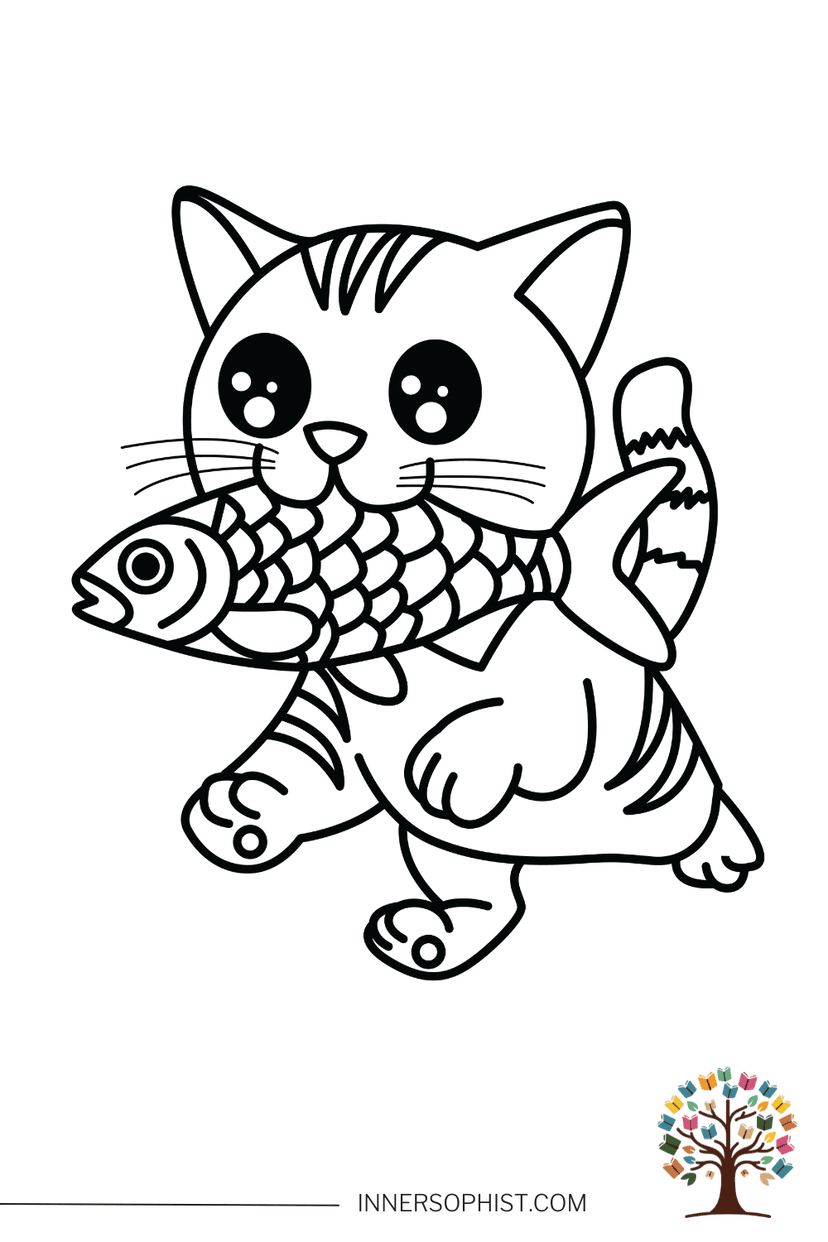 Cat with Fish - Coloring Page | InnerSophist Coloring