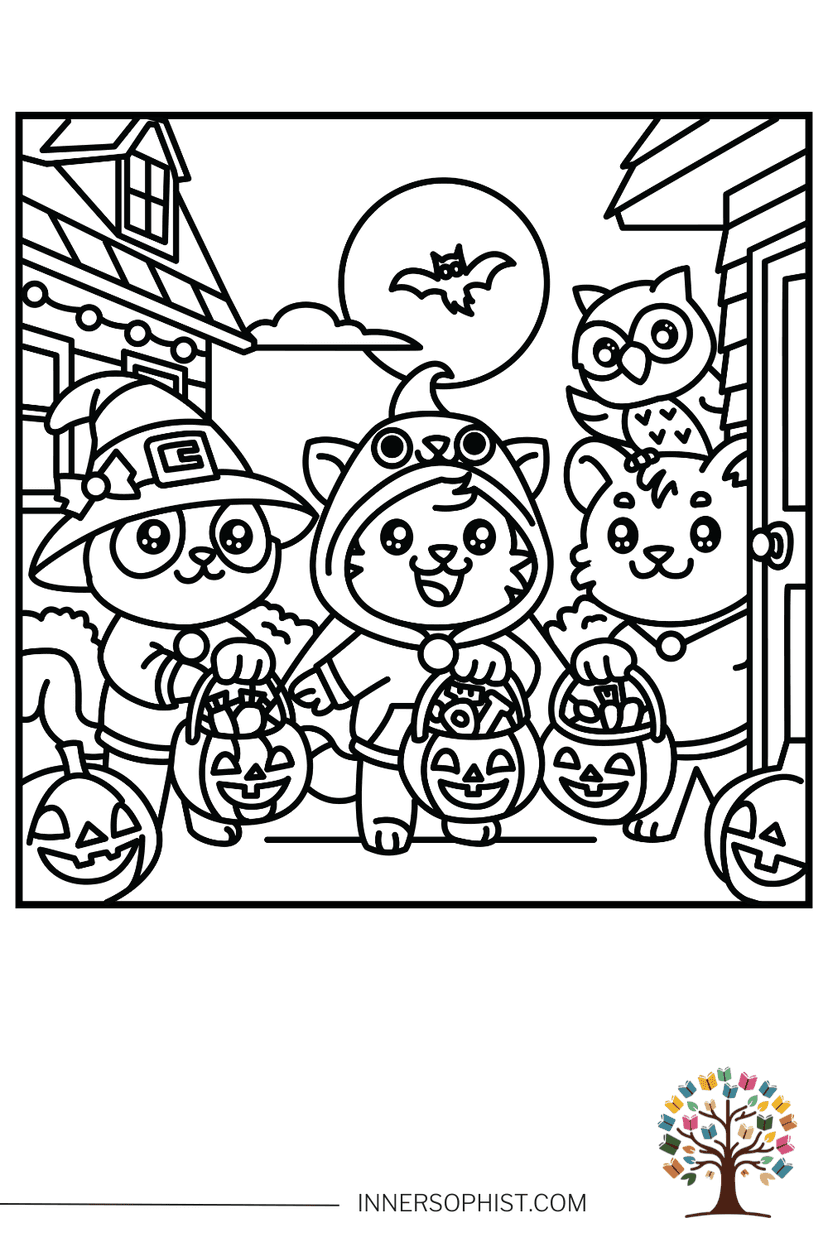 Cute Animals Halloween Coloring Page
