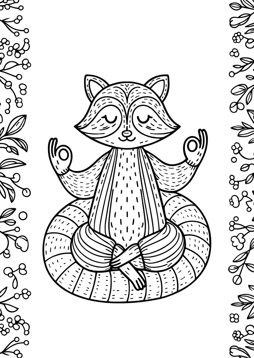 Raccoon in Meditation - Peaceful Coloring Page
