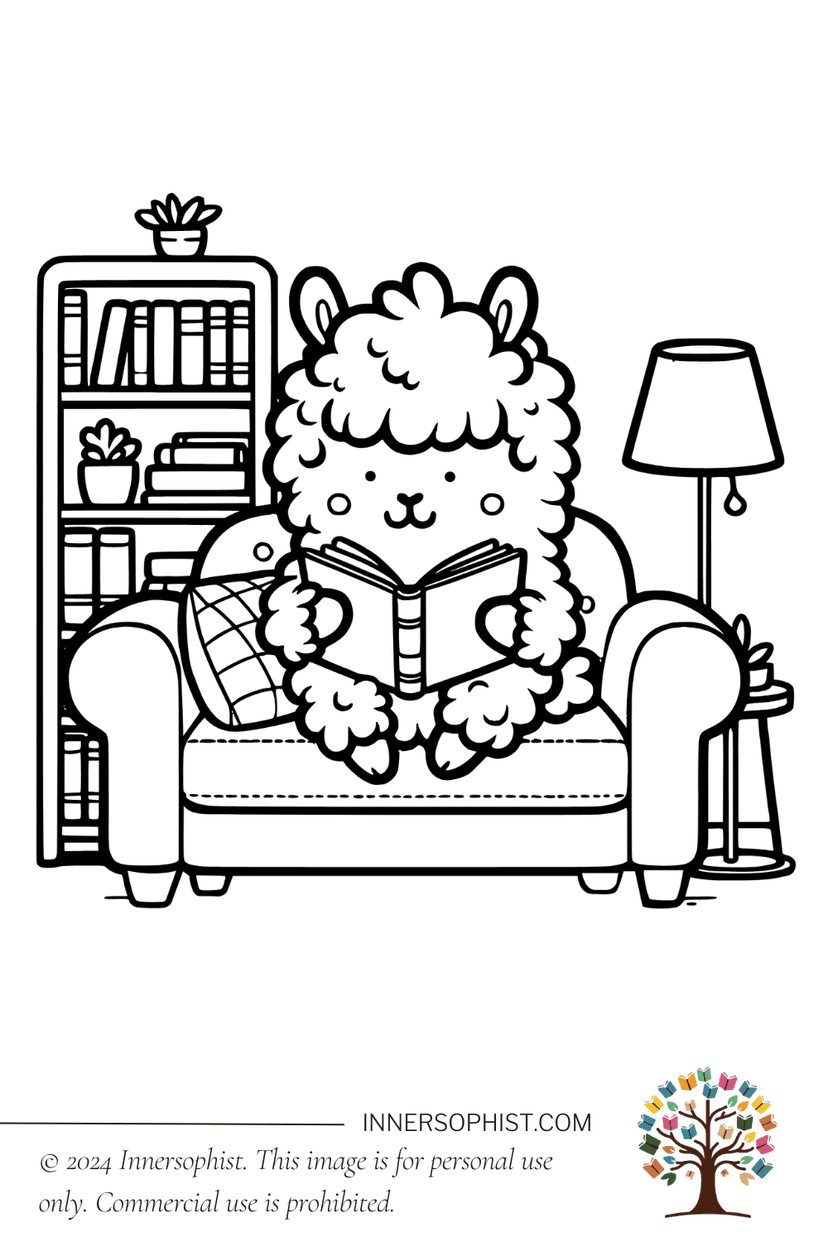Cute Llama Reading - Coloring Page