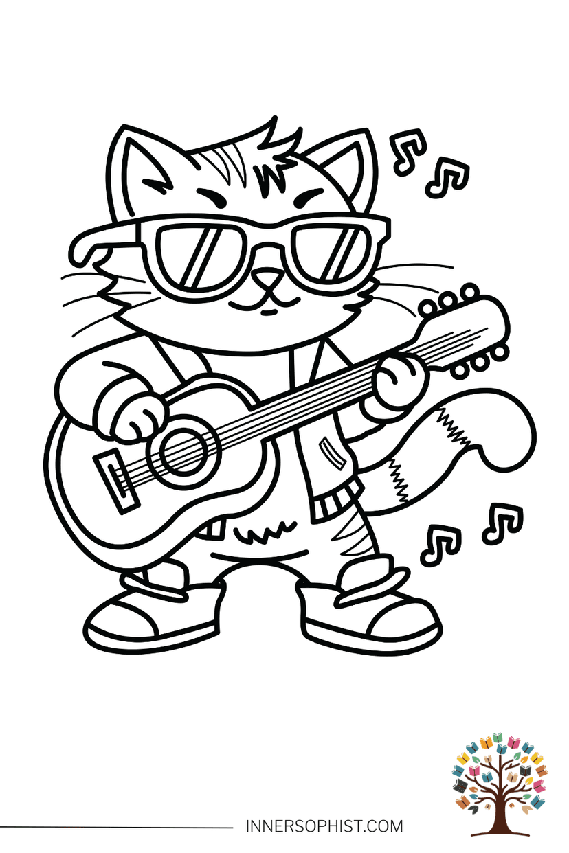 Rocking Cat with Guitar - Coloring Page